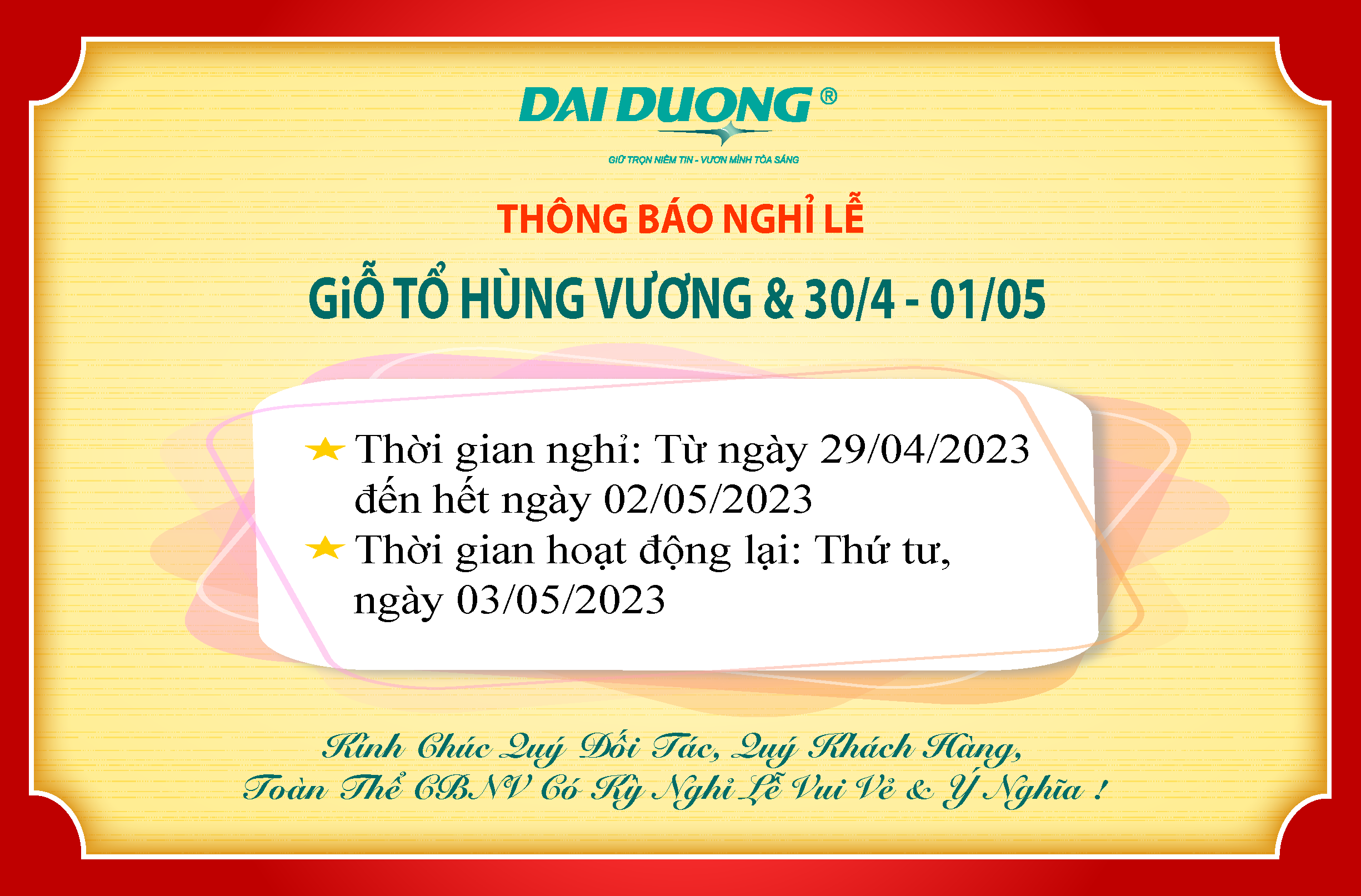 Thông Báo Nghỉ Lễ 30/04 - 01/05/2023 | Inox Đại Dương